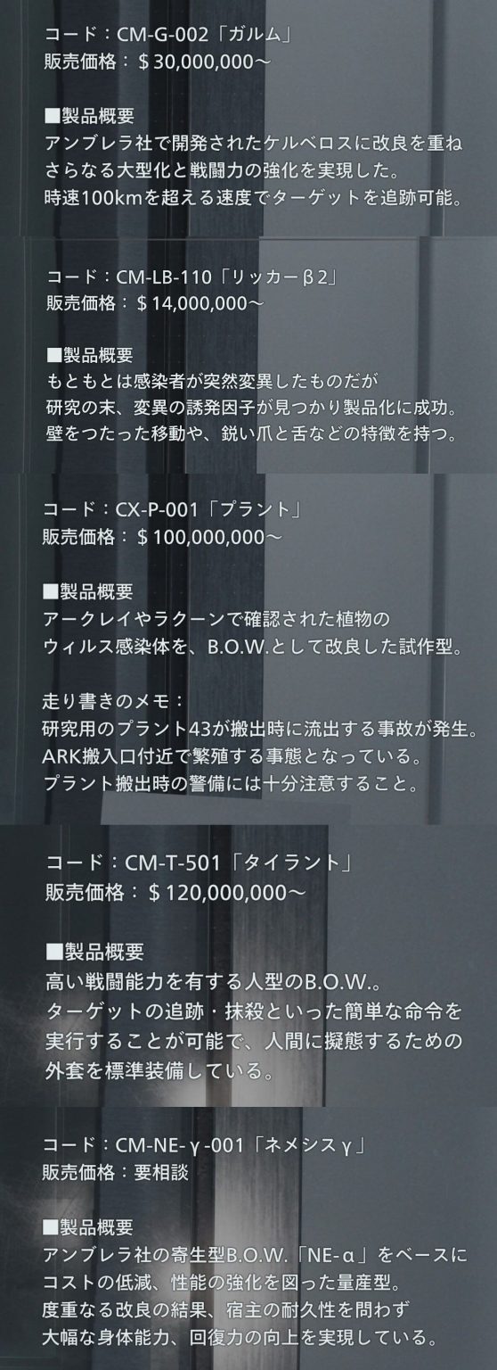 【バイオハザード】生体兵器の製作費。